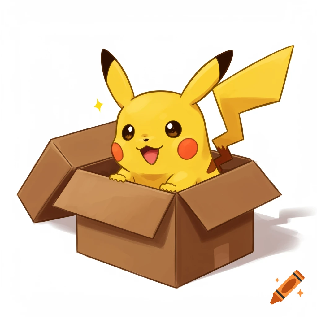 A cute cartoon Pikachu peeking out of a brown cardboard box with a ...
