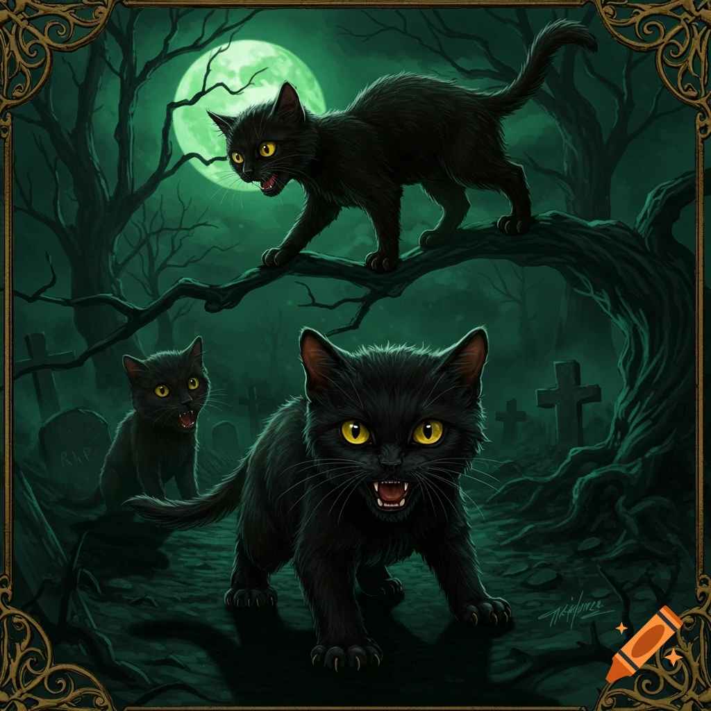 Three black cats with glowing yellow eyes in a spooky graveyard under a ...