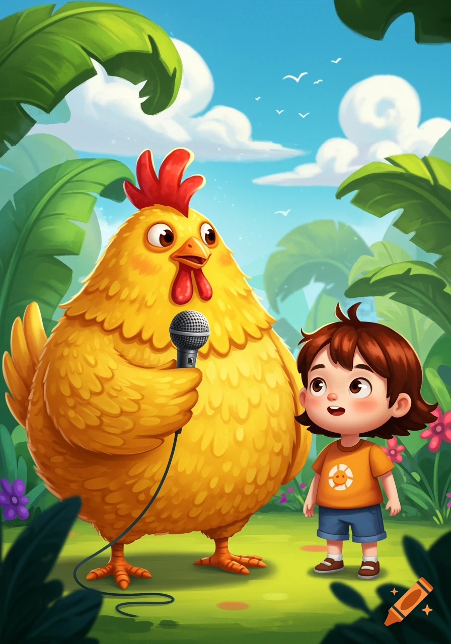 A whimsical cartoon chicken holds a microphone next to a child in a ...