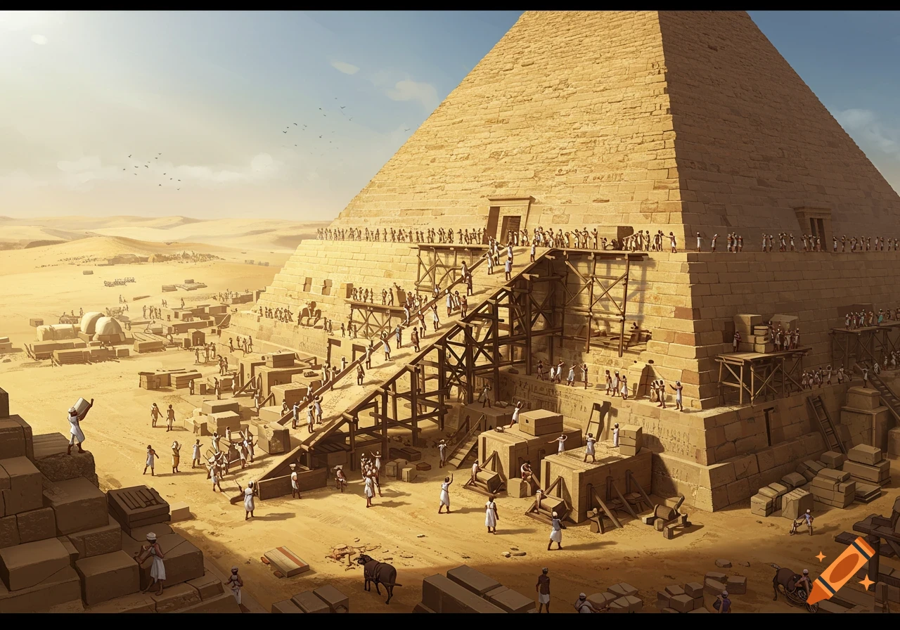 A wide shot of ancient Egyptian workers building a large pyramid in a ...