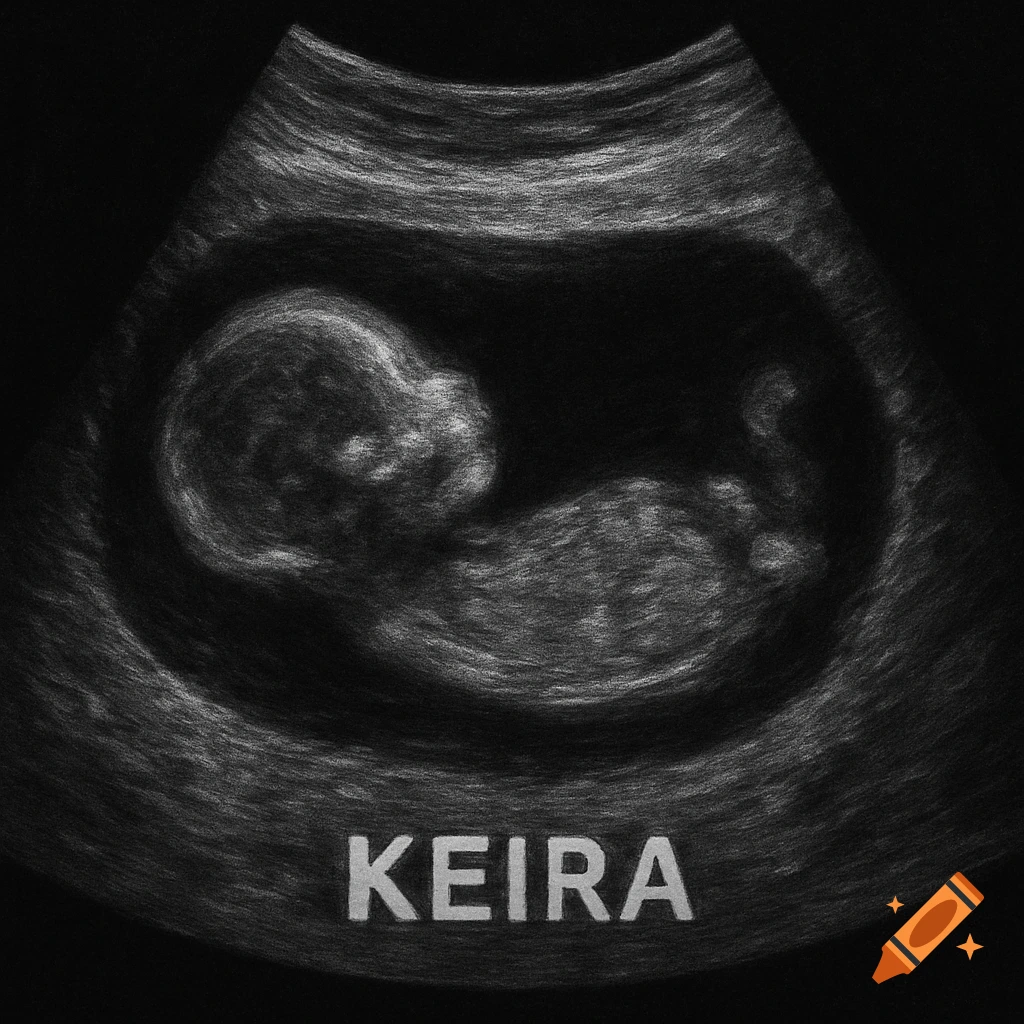 Grayscale ultrasound scan of a fetus with the name KEIRA at the bottom ...