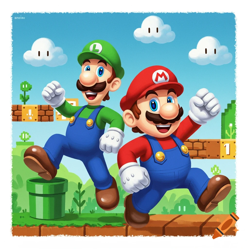 Mario and Luigi jumping in a colorful, cartoon-style depiction of the ...