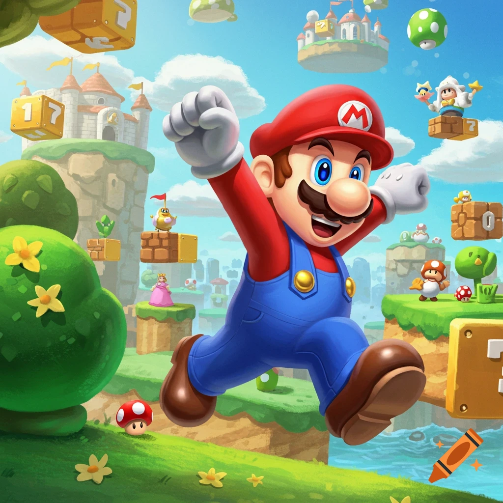 Mario jumps excitedly in a vibrant, cartoon Super Mario world with ...