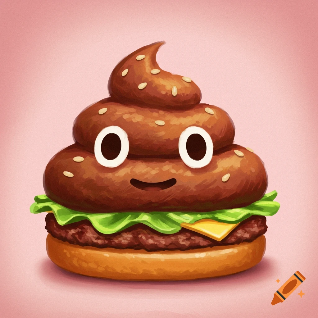 A whimsical cartoon hamburger topped with a smiling poop emoji ...