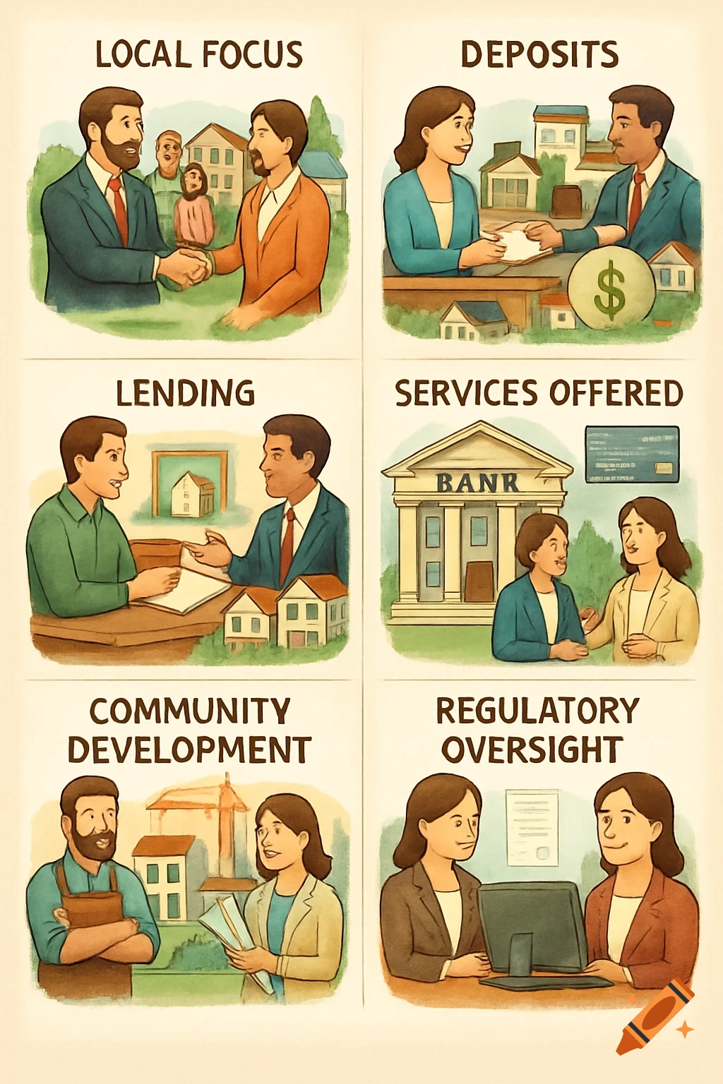 An infographic with six panels illustrating community banking. Panels ...