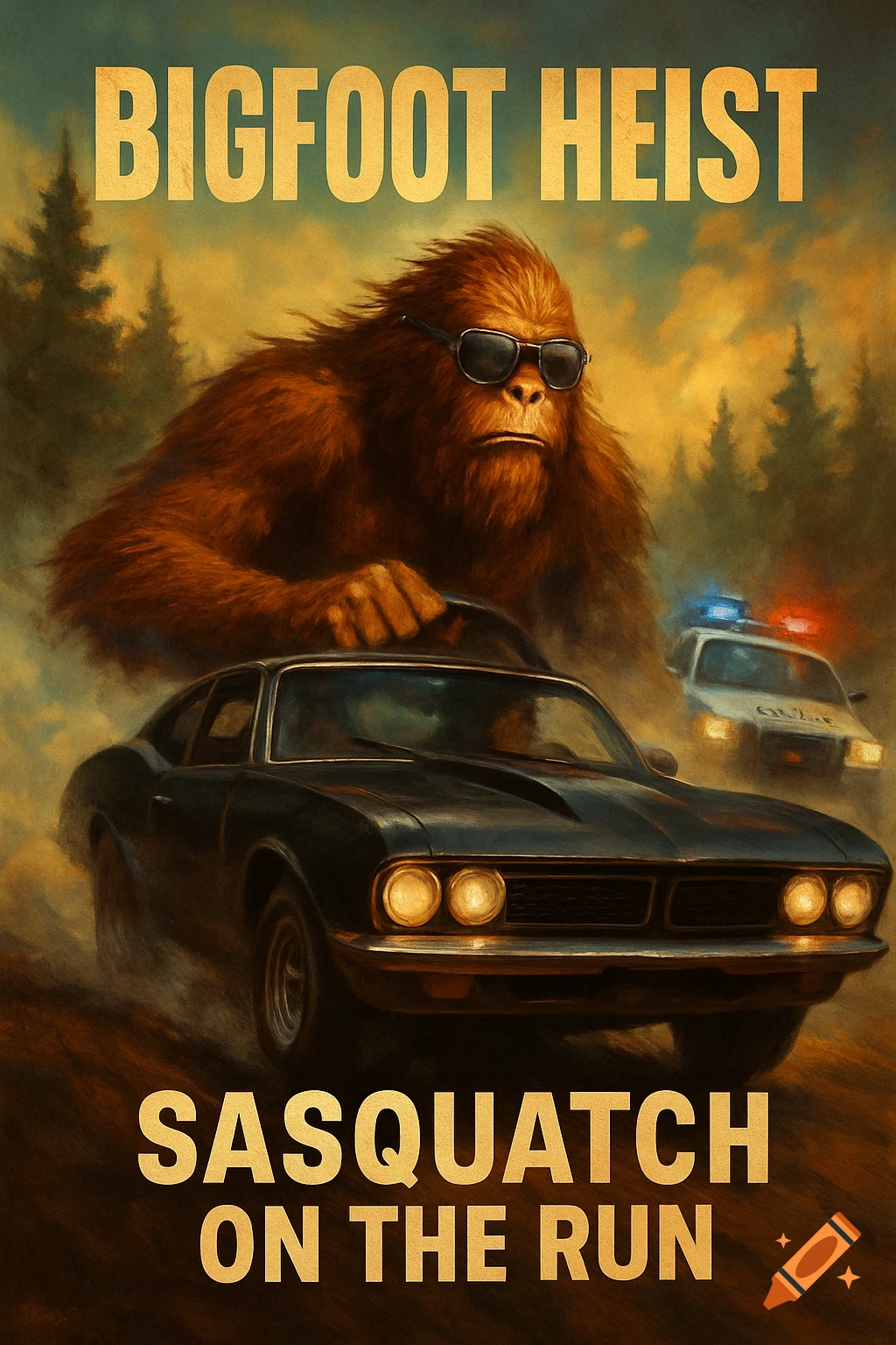A vintage-style illustration of a Bigfoot in sunglasses driving a ...