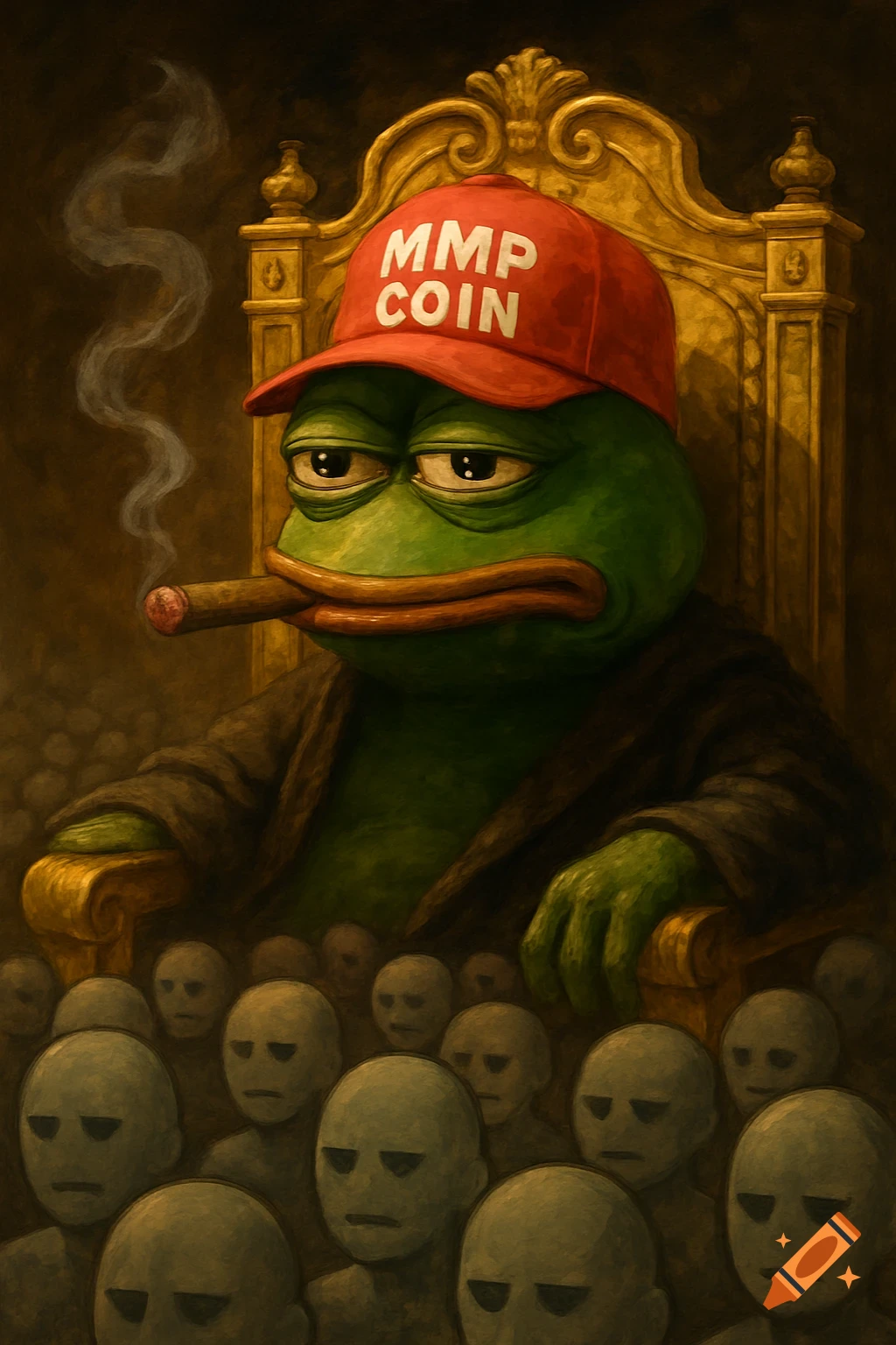 Pepe the Frog on a gold throne, smoking a cigar, wearing a red 'MMP ...