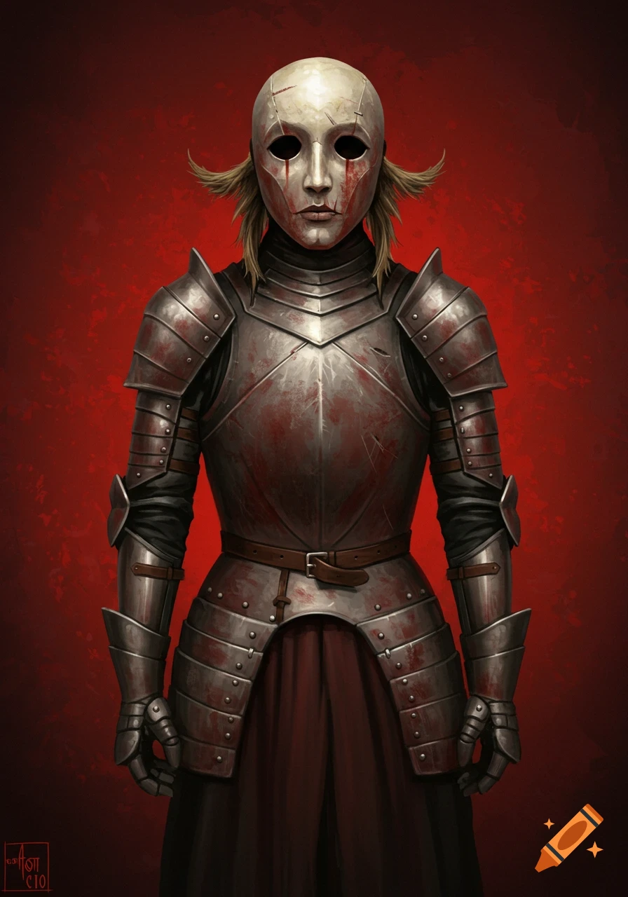 A figure in blood-splattered plate armor and a blank white mask with ...