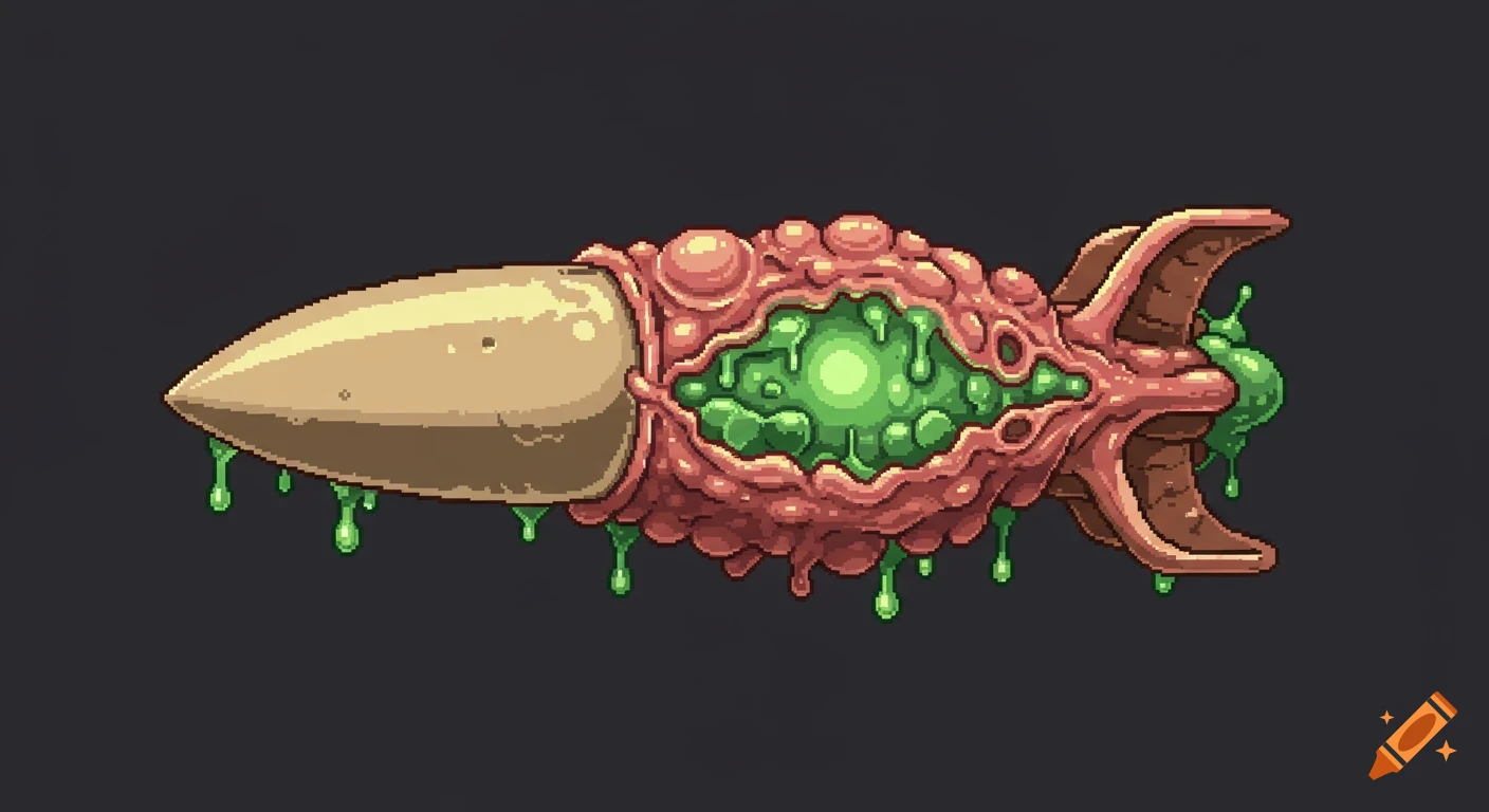 A horizontal pixel art sprite of a grotesque, organic, bullet-like ...