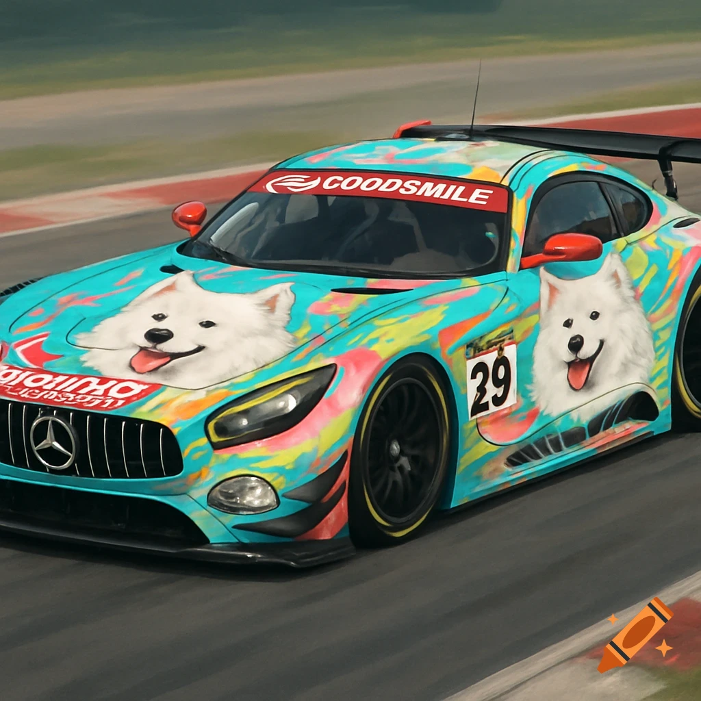 A colorful Mercedes-AMG GT3 race car with Samoyed dog faces painted on ...