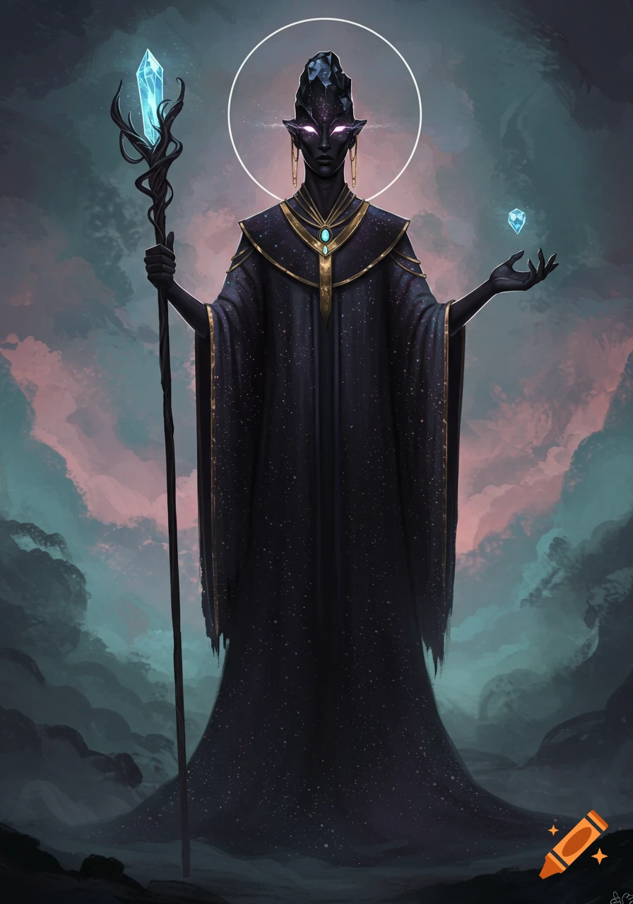 An ethereal guardian in a dark, starry robe with a crystal headpiece ...