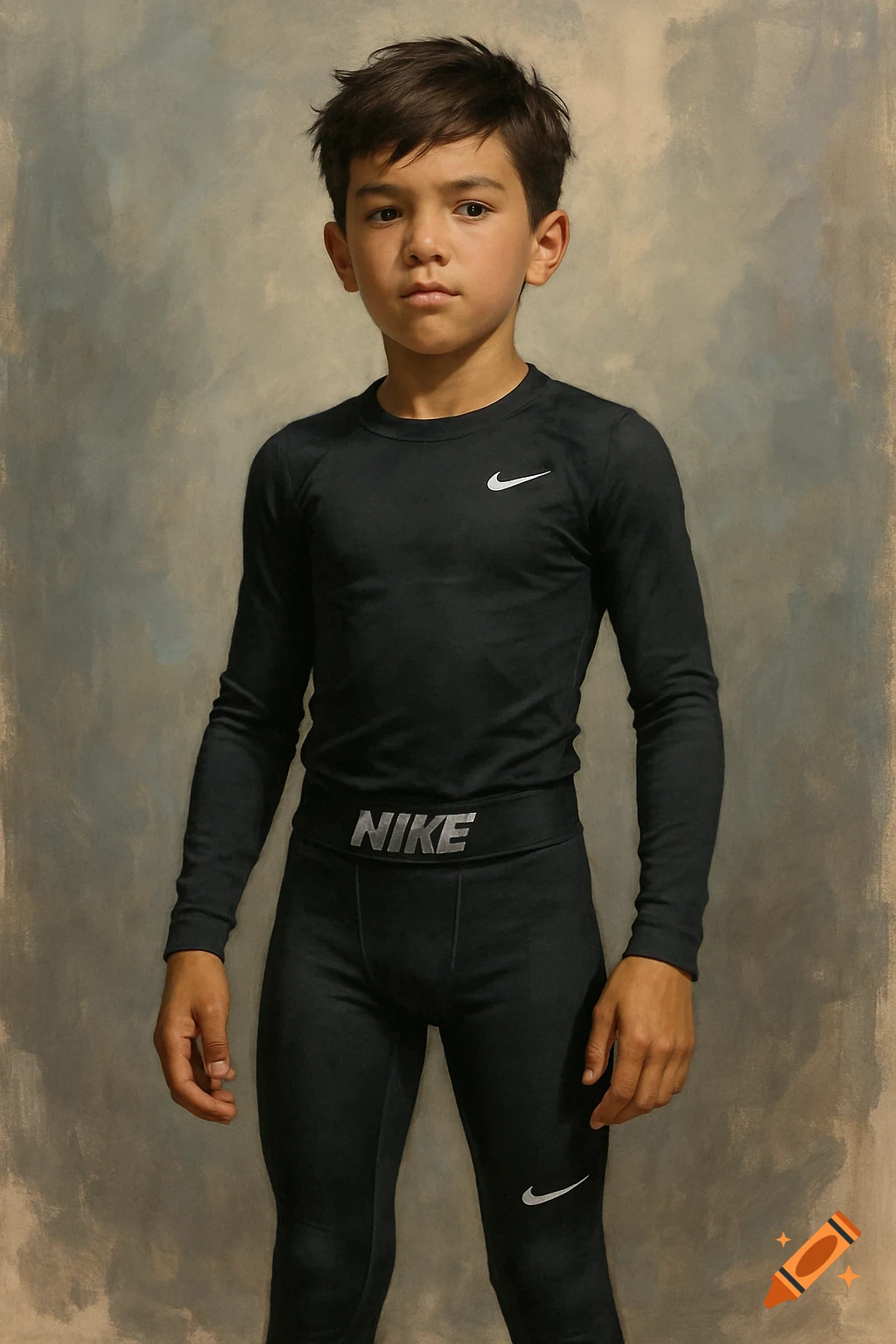 A young boy stands wearing a black long-sleeved Nike shirt and black ...