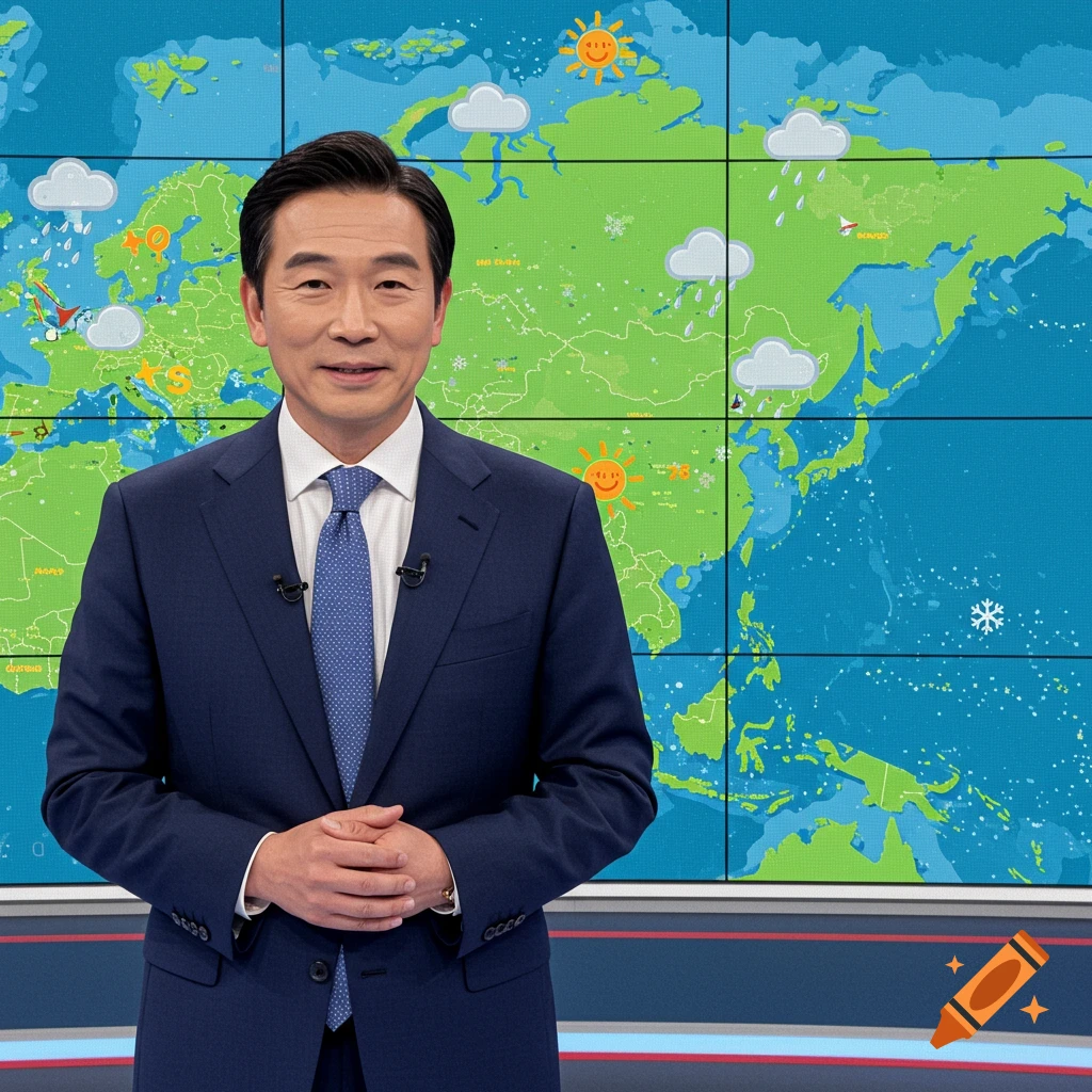 A male weather forecaster in a suit stands in front of a large world ...