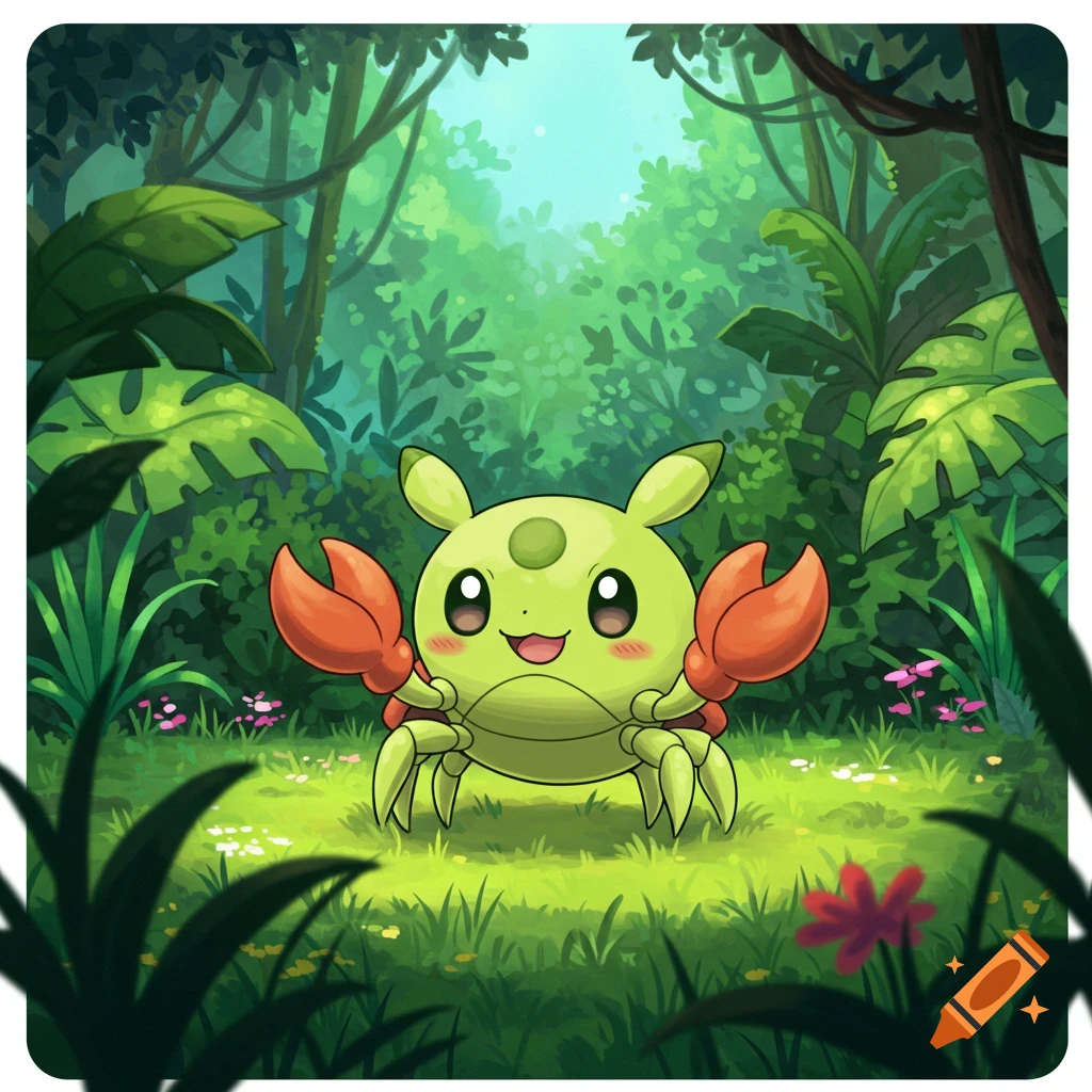 A cute, lime green Pokémon-style crab with red claws in a lush jungle ...