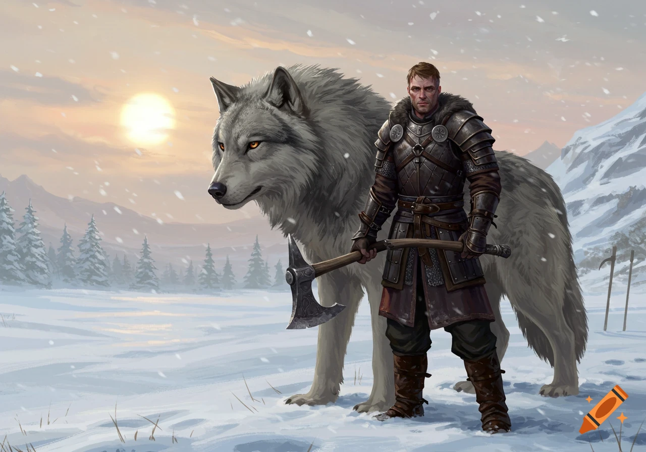 A warrior in armor holds an axe, standing beside a large white wolf in ...