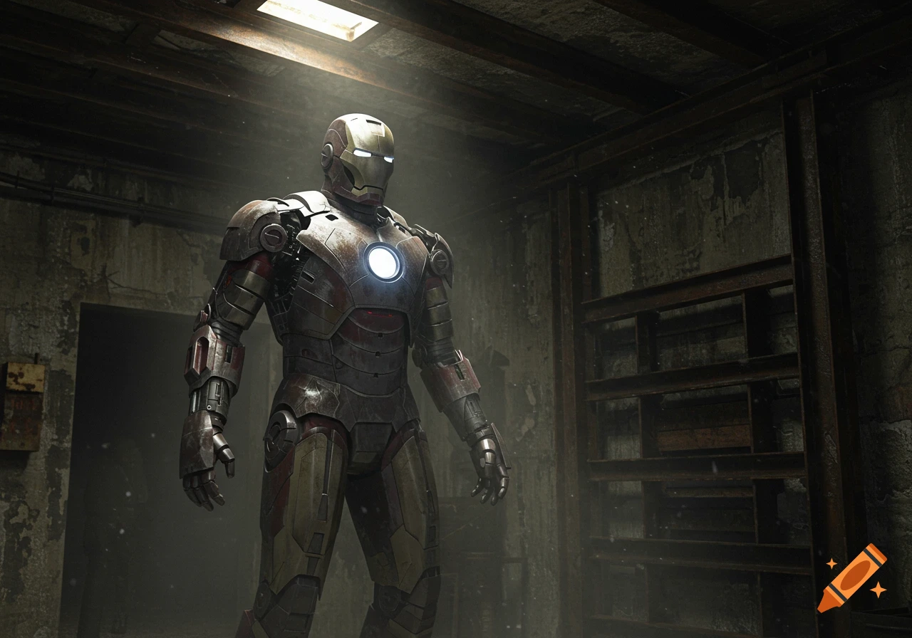 A photorealistic depiction of the Iron Man Mark I suit standing in a ...