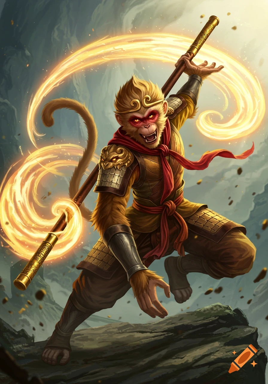 A detailed digital painting of Sun Wukong, the Monkey King, wielding ...