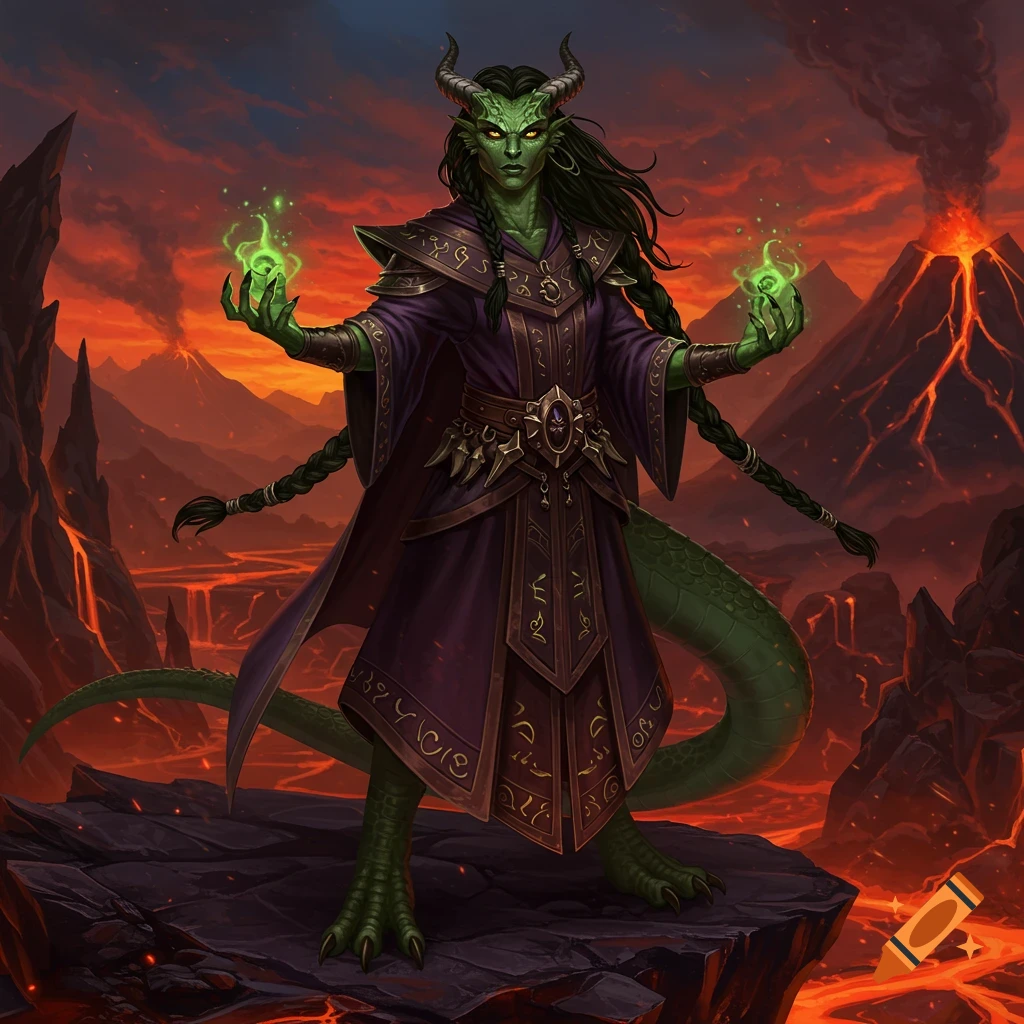 A green-skinned Dragonborn warlock with horns and a tail casts glowing ...