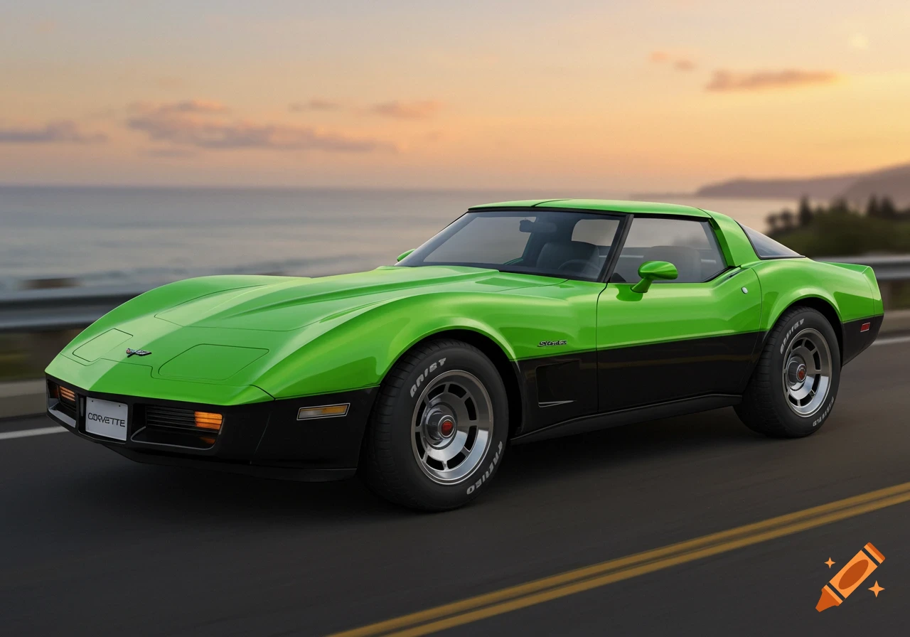 A two-tone mantis verde green and black 1982 Corvette drives along a ...