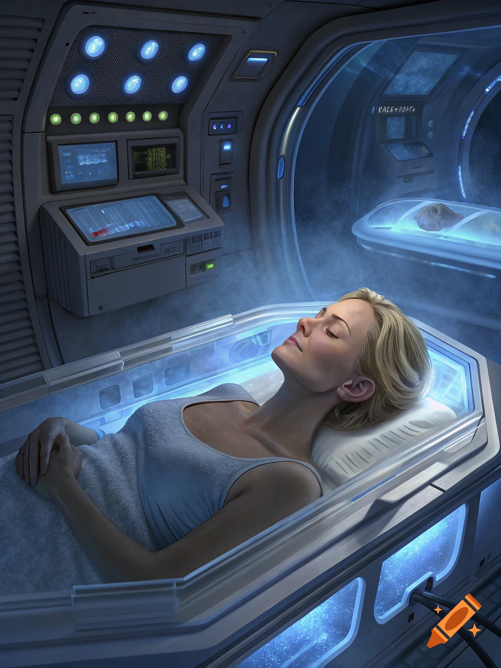 A photorealistic image of a woman sleeping peacefully in a glowing ...