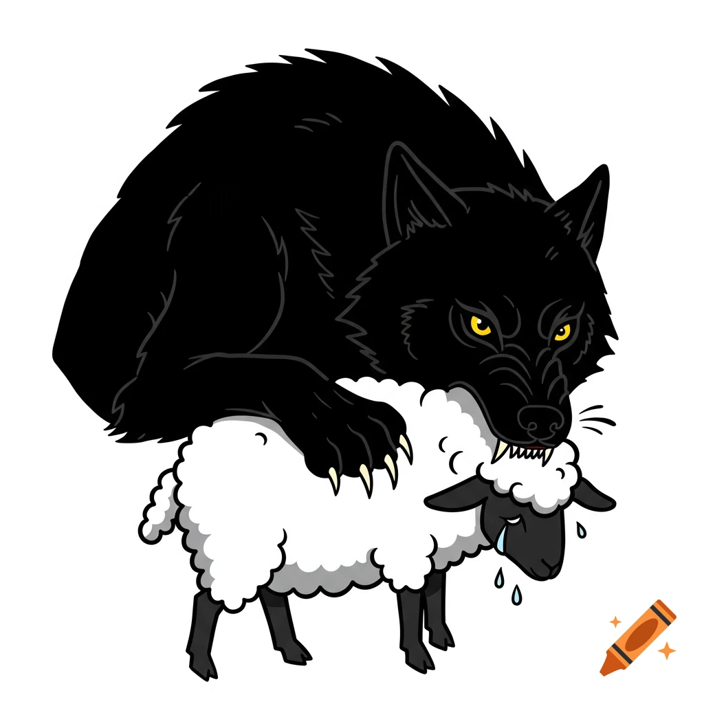 Cartoon illustration of a black wolf biting a crying white sheep. on ...