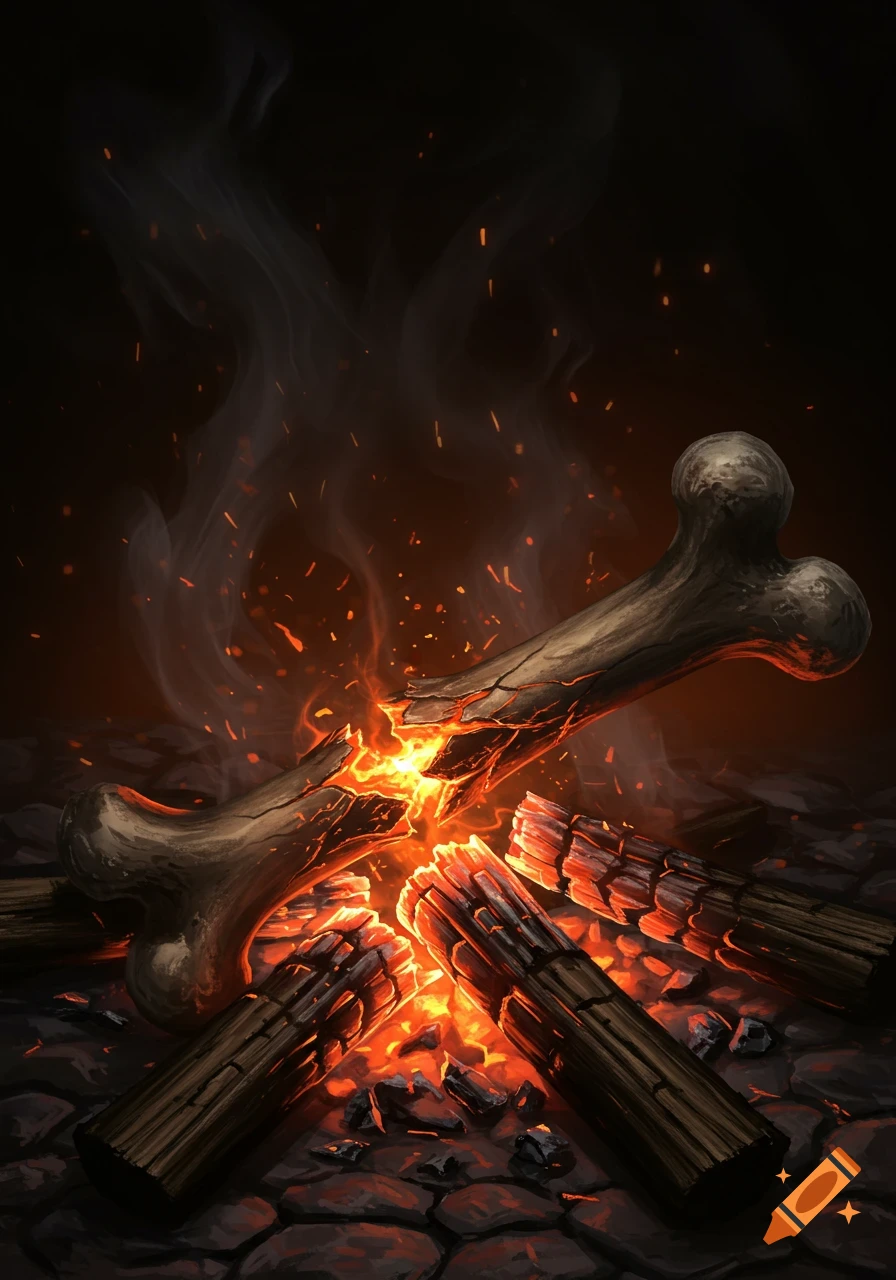 A cracked bone burning with embers in a campfire, in a dark fantasy ...