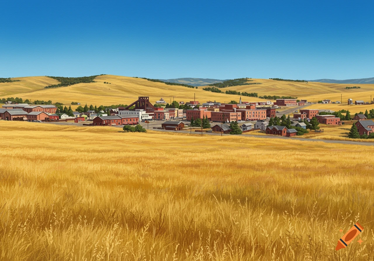A small town with red-roofed buildings in a golden prairie under a ...