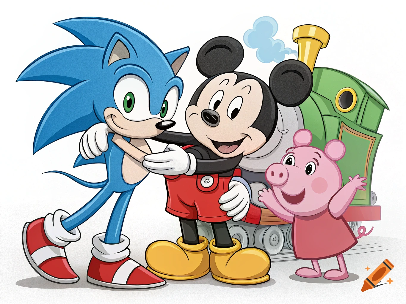 Cartoon illustration of Sonic the Hedgehog, Mickey Mouse, and Peppa Pig ...