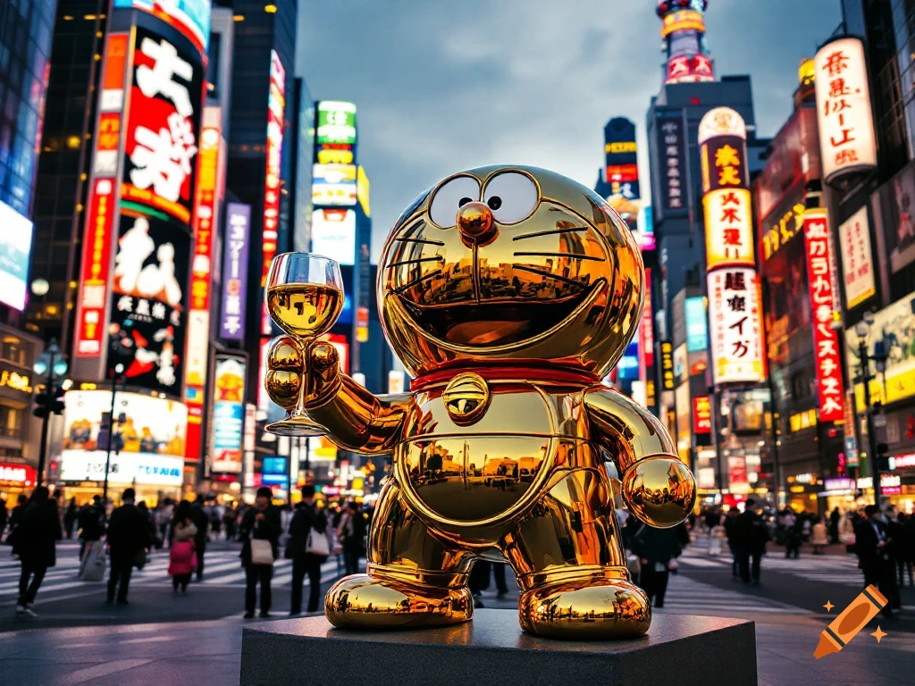 A golden statue of Doraemon holding a wine glass stands prominently in ...