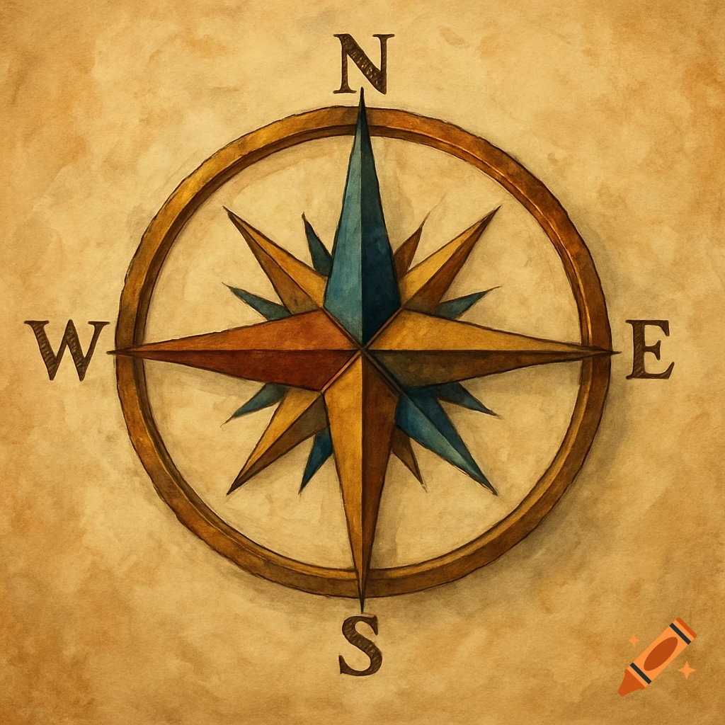 A vintage watercolor compass rose with N, E, S, W directional letters ...