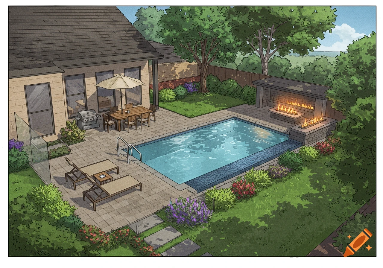 An illustrated overhead view of a modern backyard featuring a ...