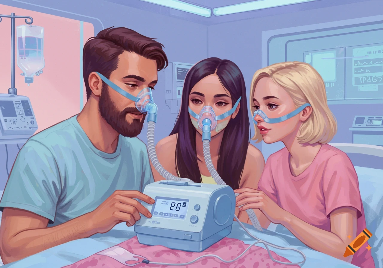 Illustration of a man and two women wearing CPAP masks, looking at a ...