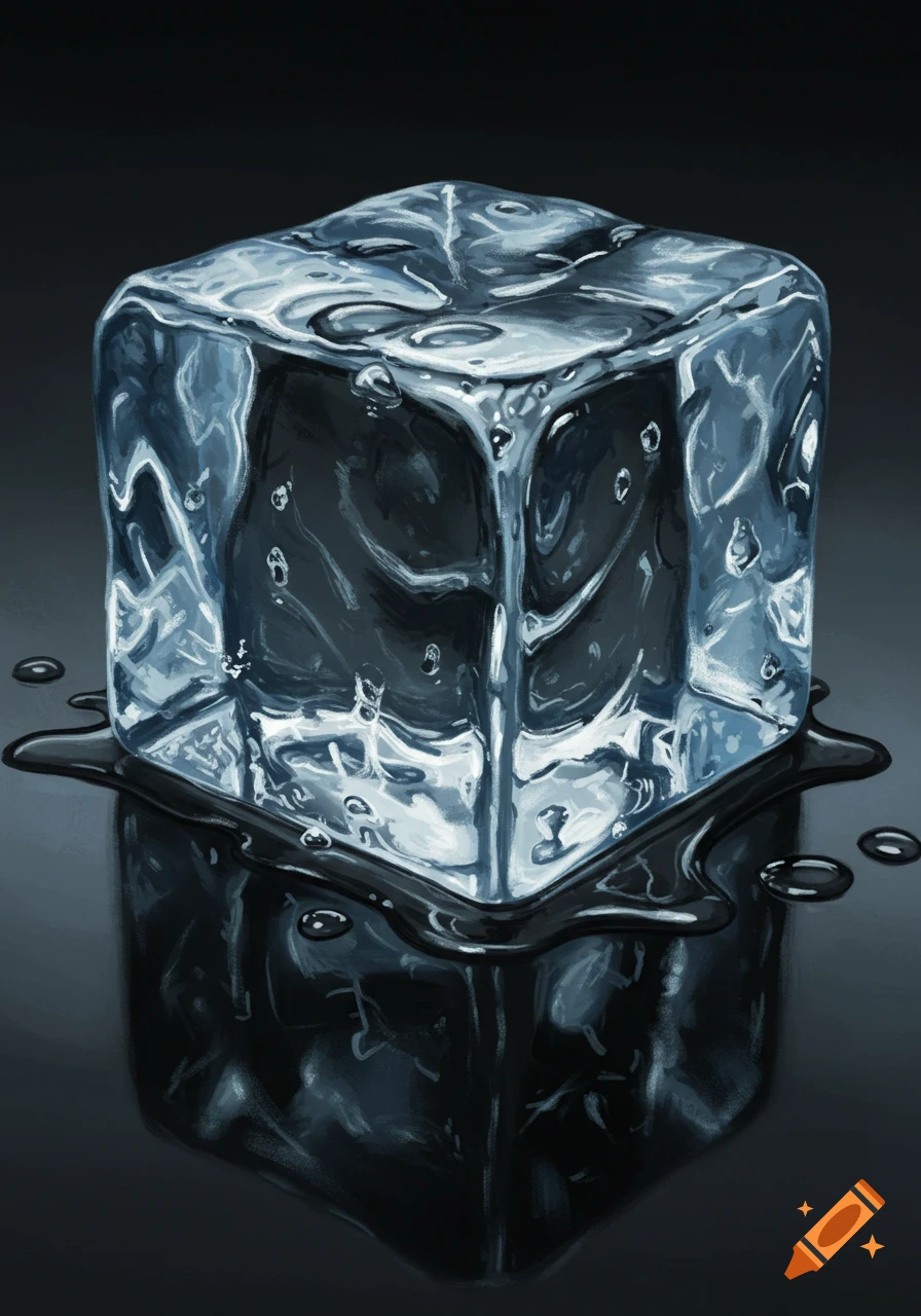 An ice cube melting on a dark, reflective surface, with a puddle of water at its base. on Craiyon