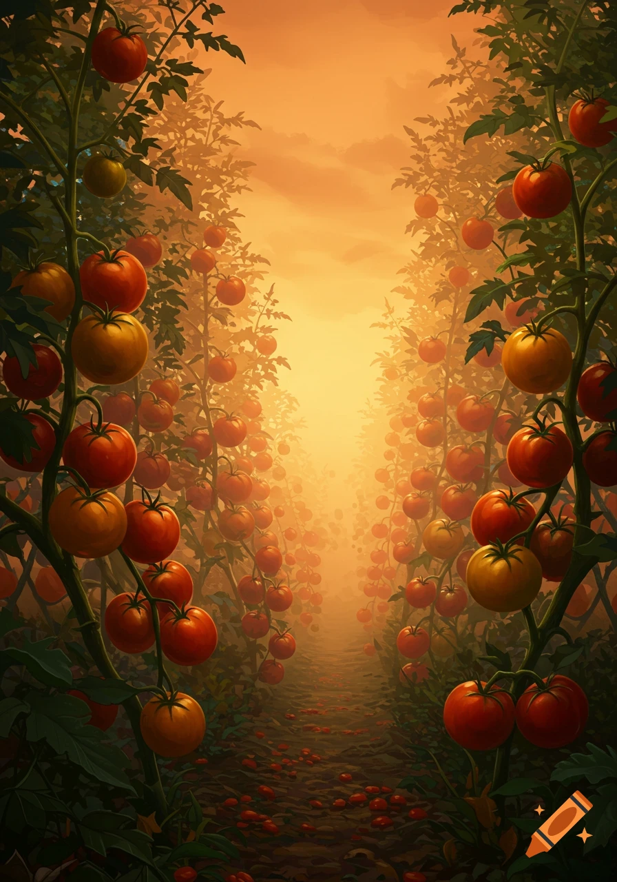 A stylized path through a vibrant tomato forest with tall plants full of red and orange tomatoes ...