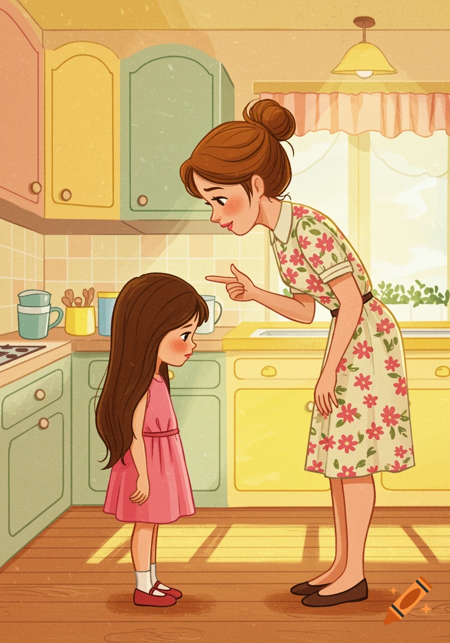 A cartoon illustration of a mother scolding her young daughter in a ...