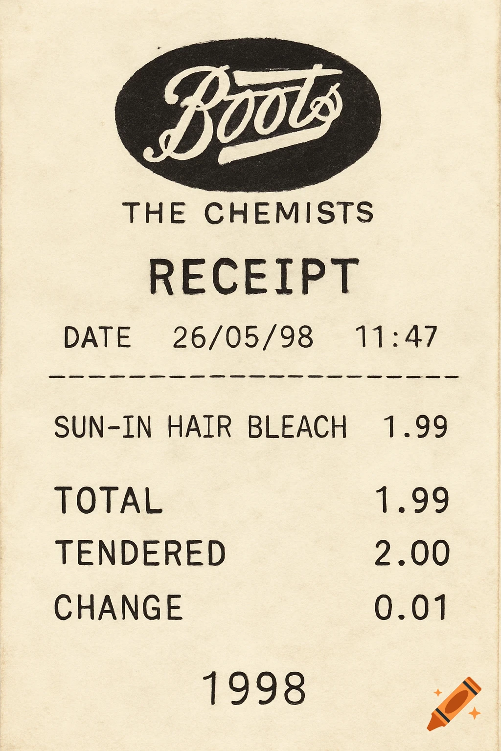 A vintage Boots receipt from 1998 showing a purchase of Sun-In Hair ...