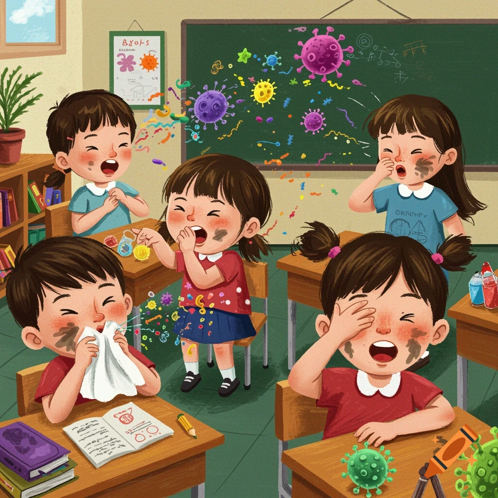 Colorful cartoon illustration of five children in a classroom, coughing ...