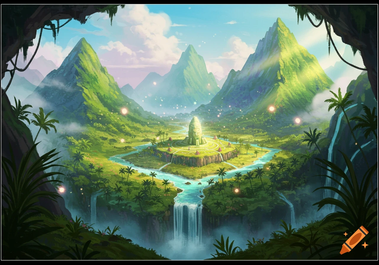 A vibrant fantasy landscape with lush green mountains, a central ...