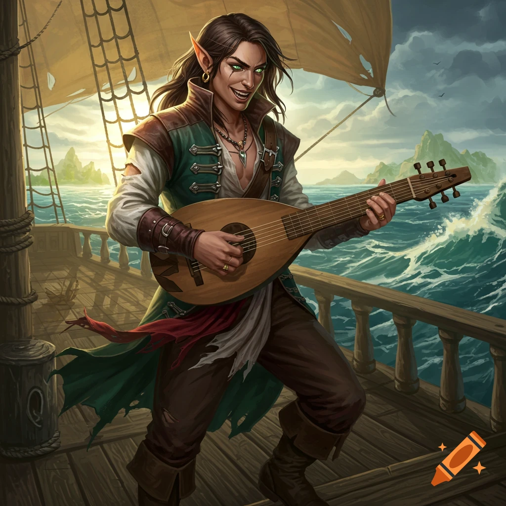 An elven pirate bard with long dark hair and green eyes plays a lute on ...