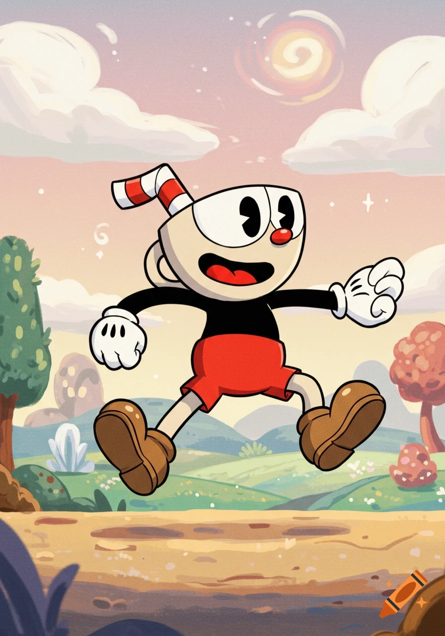 Cuphead, a cartoon character, runs joyfully through a vibrant ...