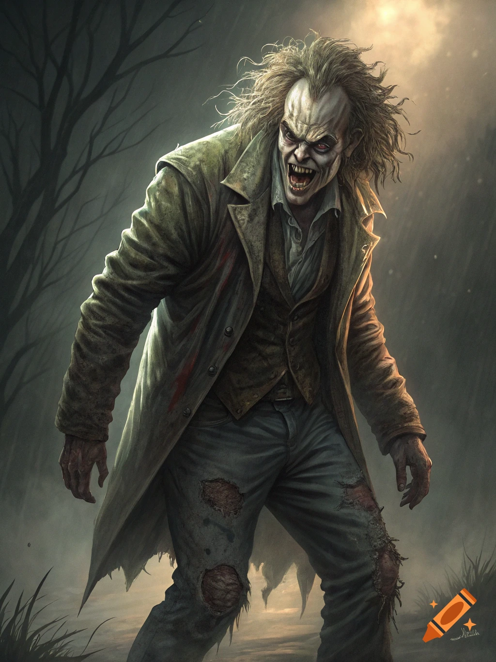 A grotesque, zombie-like man with wild hair, sharp teeth, and tattered ...