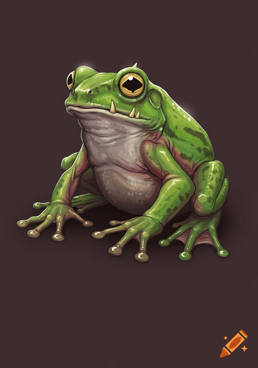 Stylized green frog with large yellow eyes, sharp teeth, and clawed ...