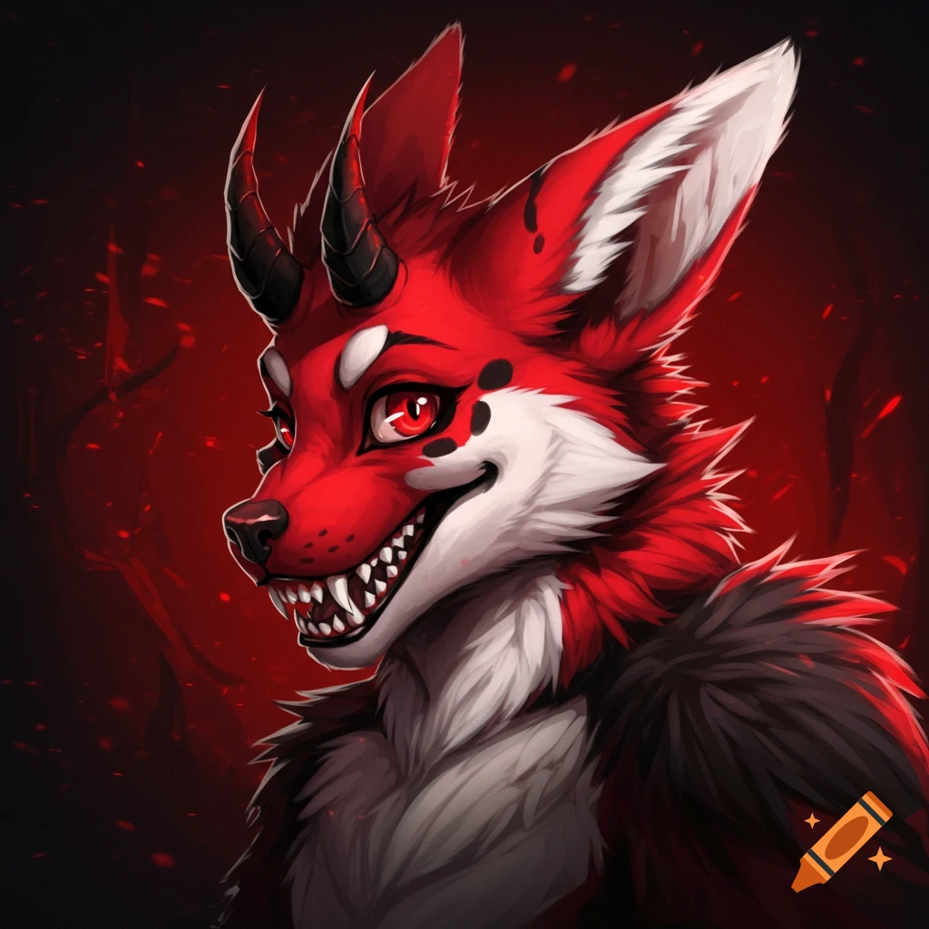 A vibrant digital illustration of a red, white, and black demon fox ...