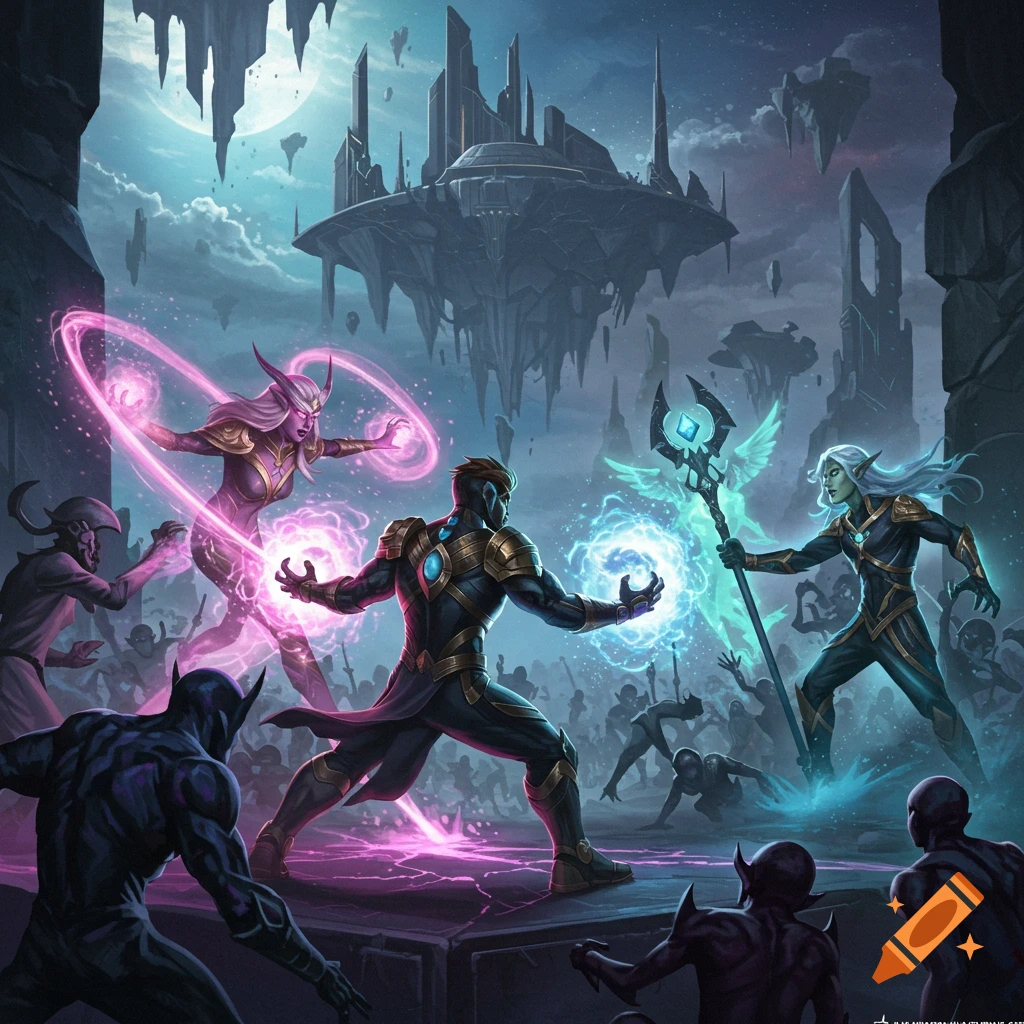 An epic fantasy digital painting of a magic battle featuring powerful ...