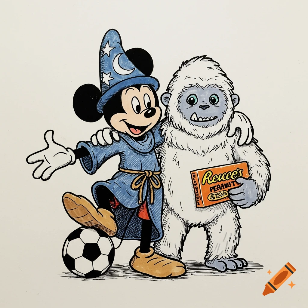 A hand-drawn illustration shows Sorcerer Mickey Mouse with his foot on a soccer ball, embracing ...