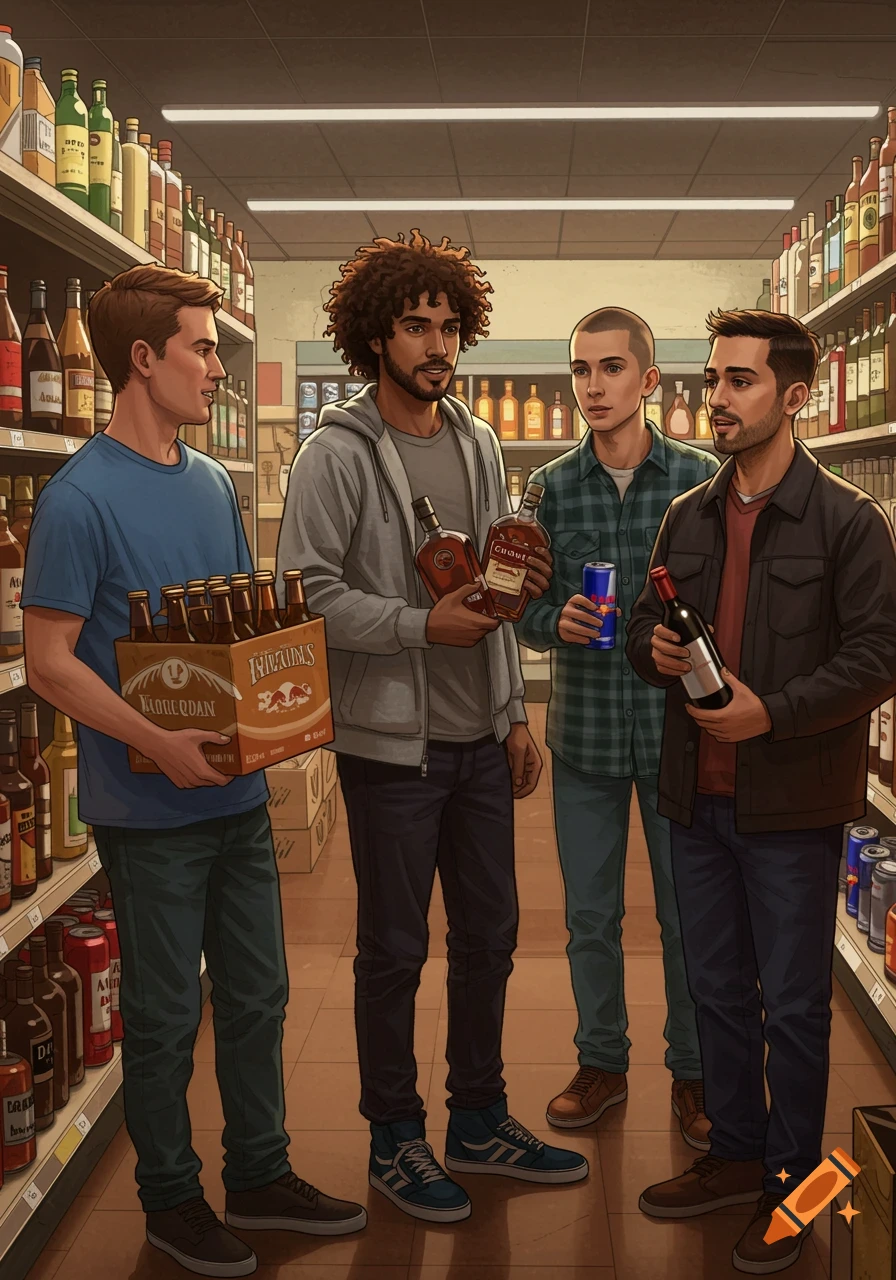 Four male friends stand in a liquor store aisle, holding bottles of ...