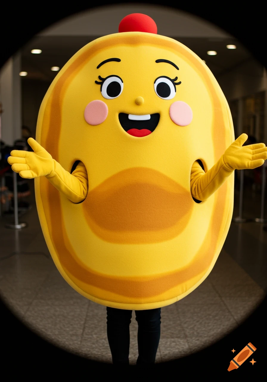 A person in a bright yellow pancake mascot costume with a cheerful face ...