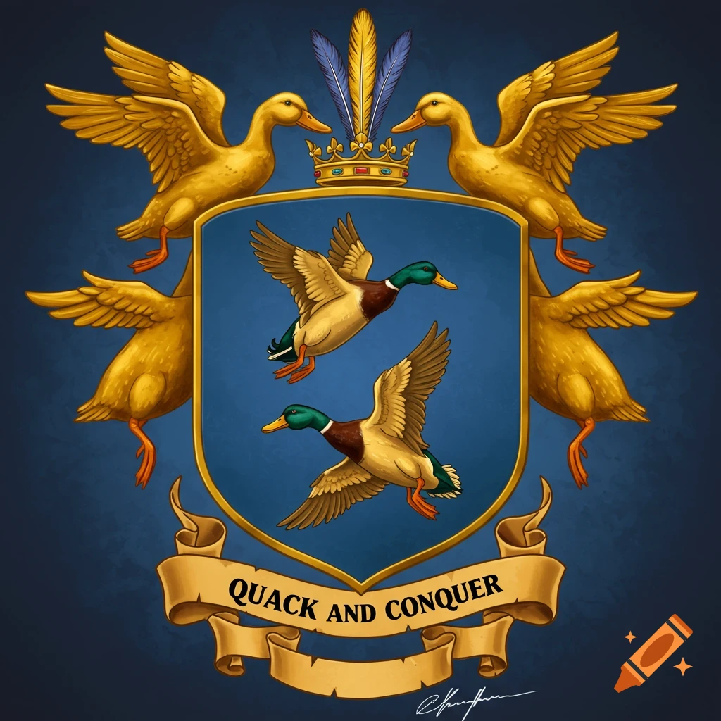 An illustrative coat of arms featuring two flying mallard ducks on a ...
