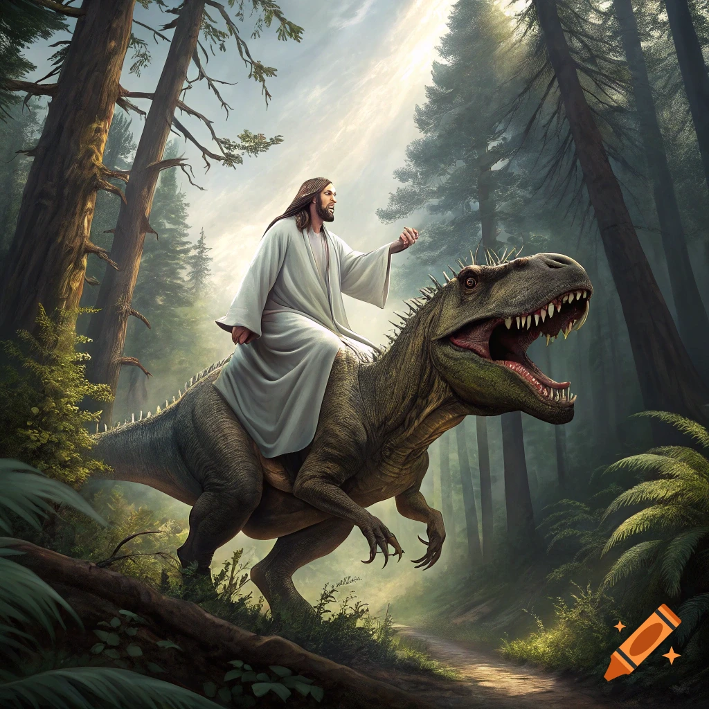 Jesus in white robes riding a Tyrannosaurus Rex through a sunlit forest ...