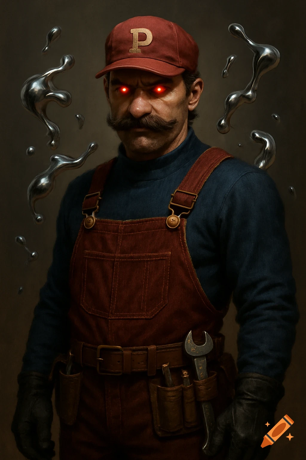 A realistic, gritty portrayal of Mario with red glowing eyes, a red cap ...